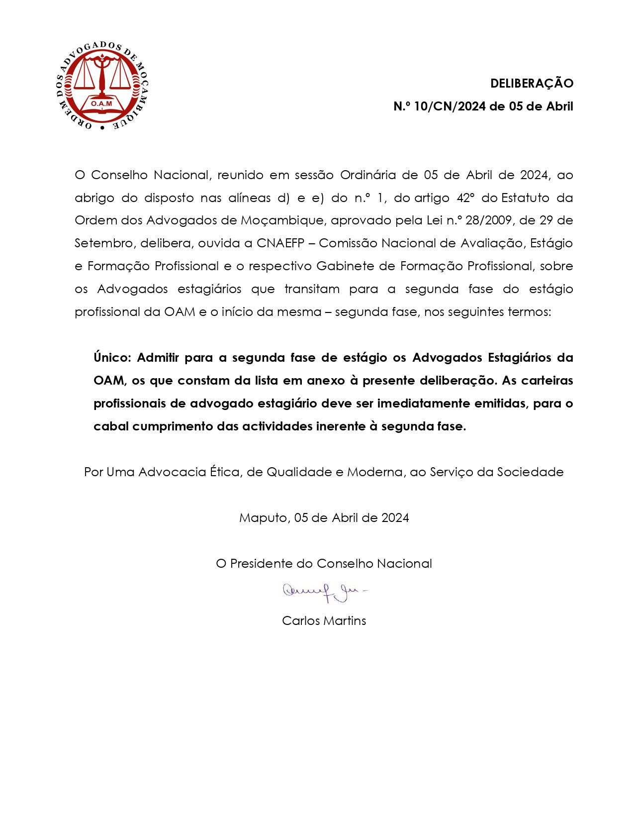 DELIBERAÇÃO N º 10 CN 2024 de 05 de Abril ADVOGADOS ESTAGIÁRIOS ...